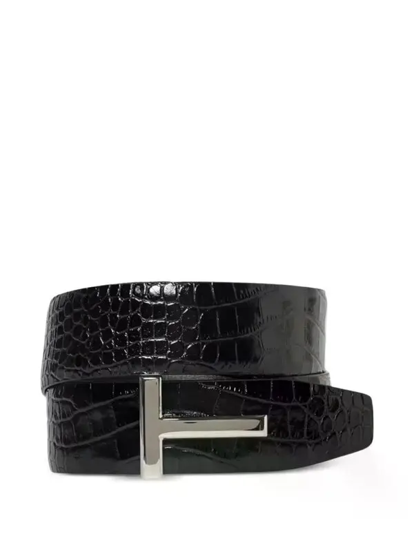 TOM FORD T-bar Croc-effect Belt - Black