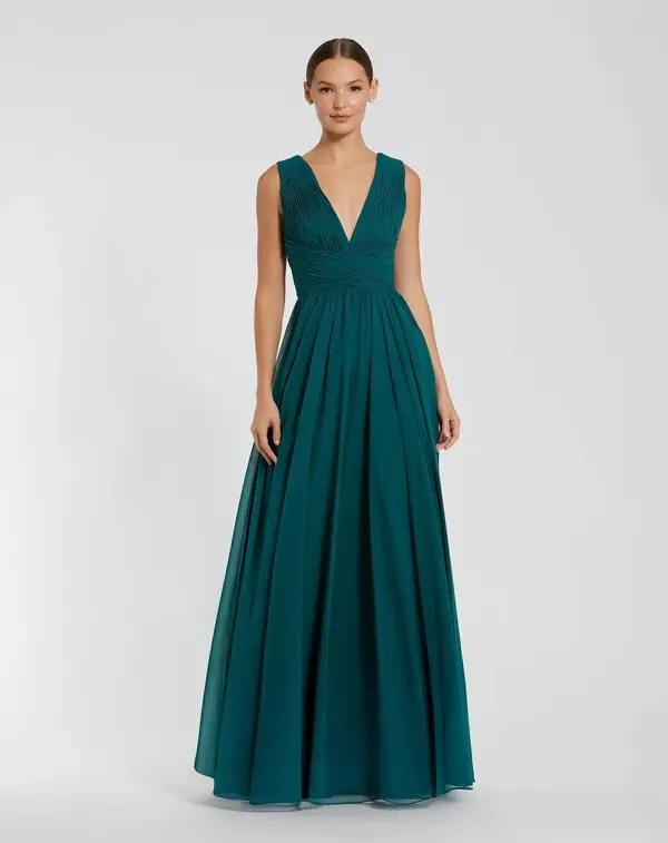 Mac Duggal Sleeveless Ruched V-neck Chiffon Gown - Teal