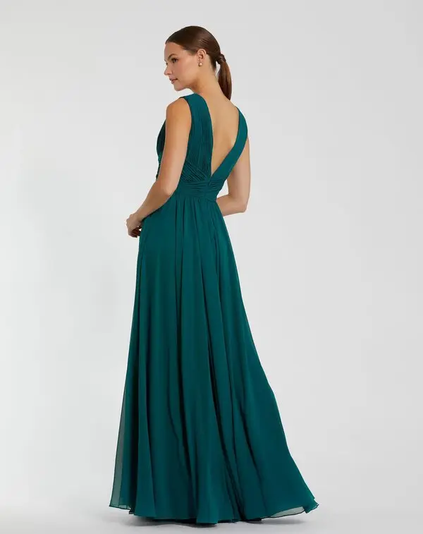 Mac Duggal Sleeveless Ruched V-neck Chiffon Gown - Teal