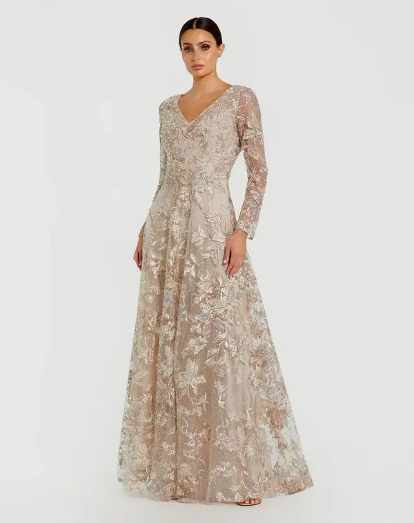 Mac Duggal Embroidered Long Sleeve V-neck Gown - Neutral