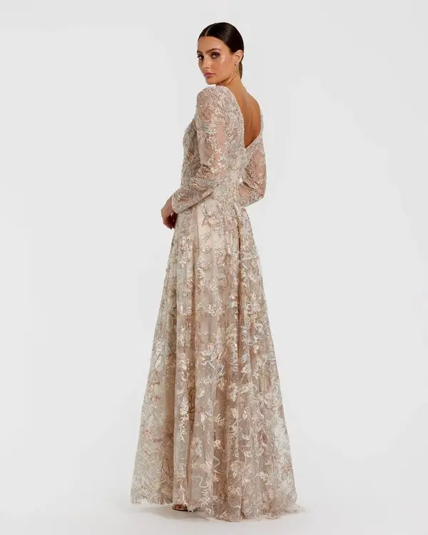 Mac Duggal Embroidered Long Sleeve V-neck Gown - Neutral