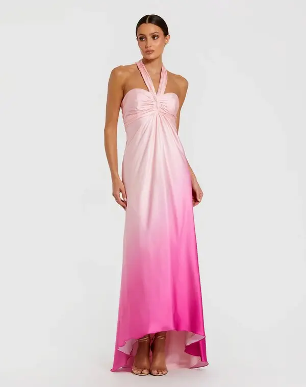 Mac Duggal Charmeuse Tie Halter Neck Ombre Gown - Pink