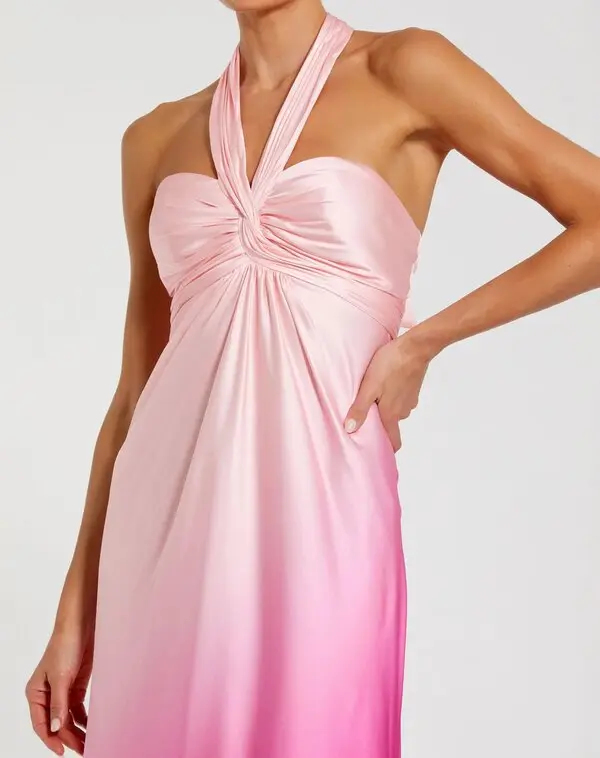 Mac Duggal Charmeuse Tie Halter Neck Ombre Gown - Pink