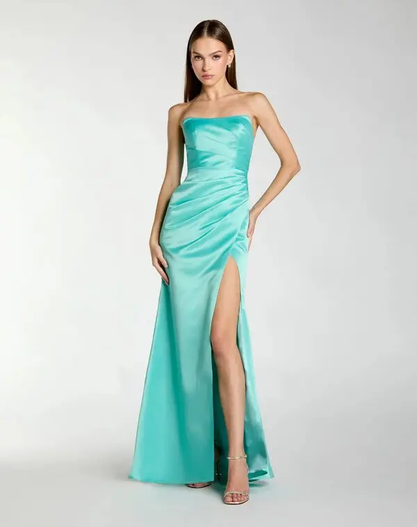 Mac Duggal Strapless Satin Gown With Slit - Blue