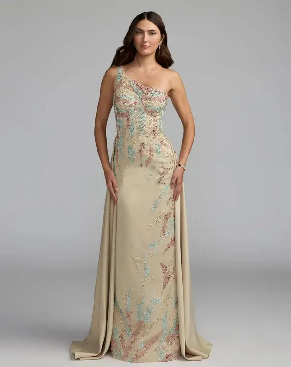 Mac Duggal Embellished One-shoulder Gown With Train