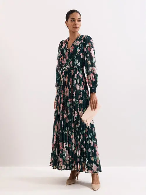 PHASE EIGHT Floral V-neck Pleated Maxi Dress - Teal