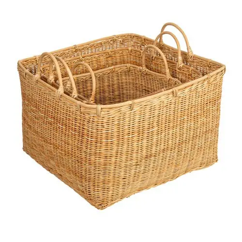STORIED HOME Square Rattan Baskets With Handles - Natural