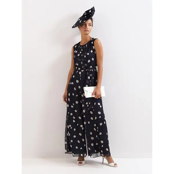 PHASE EIGHT Printed Tie-waist Maxi Jumpsuit - Navy/ivory