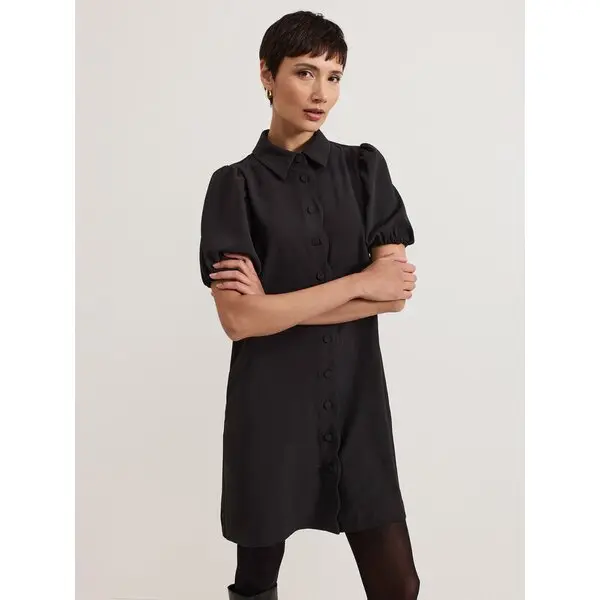 PHASE EIGHT Candice Scallop Detail Shirt Dress With Puff Sleeves - Black