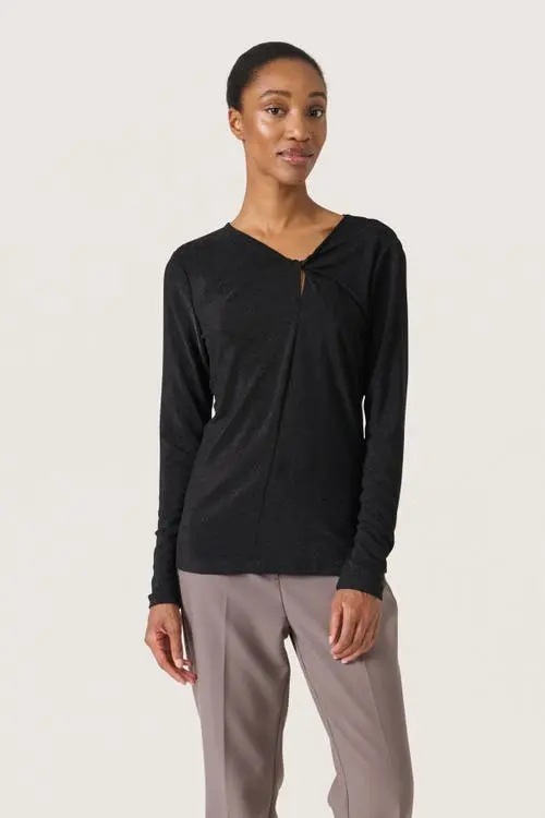 SOAKED IN LUXURY Knotted Long Sleeve Glitter Top - Black