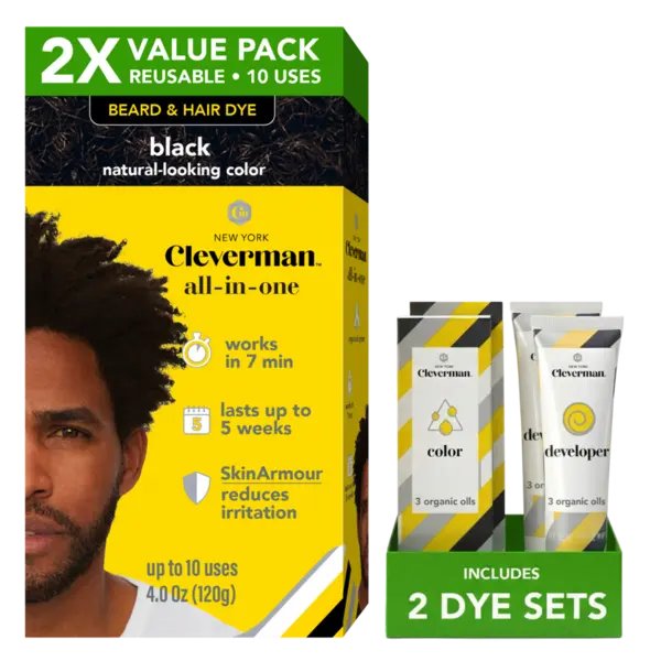 CLEVERMAN 2x Pack Coarse & Coily Hair Reusable Beard & Hair Dye Kit - Black