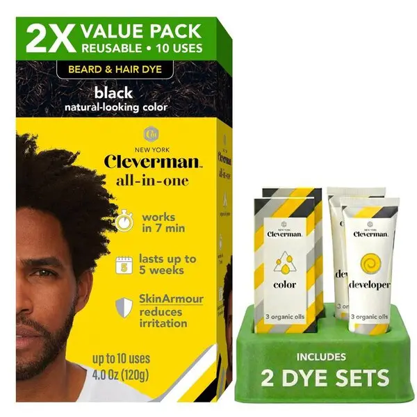 CLEVERMAN 2x Pack Coarse & Coily Hair Reusable Beard & Hair Dye Kit - Black