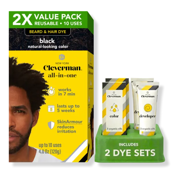 CLEVERMAN 2x Pack Coarse & Coily Hair Reusable Beard & Hair Dye Kit - Black