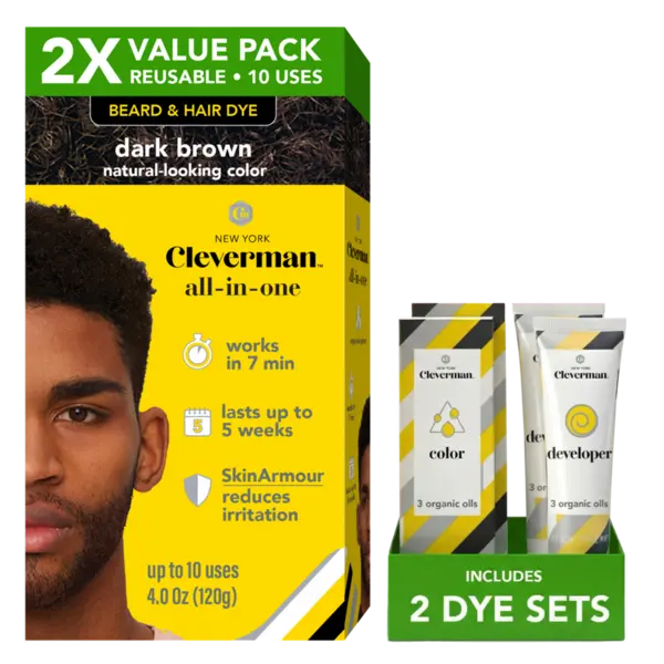 CLEVERMAN 2x Pack Coarse & Coily Hair Reusable Beard & Hair Dye Kit - Dark Brown