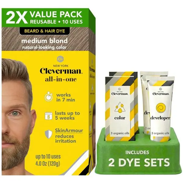 CLEVERMAN 2x Pack Reusable Beard & Hair Dye Kit - Medium Blond