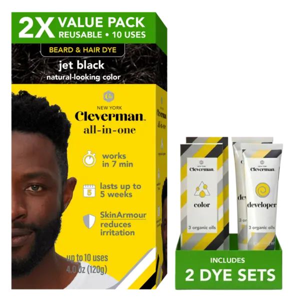 CLEVERMAN 2x Pack Coarse & Coily Hair Reusable Beard & Hair Dye Kit - Jet Black