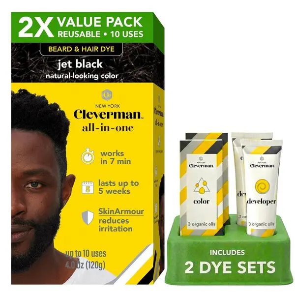 CLEVERMAN 2x Pack Coarse & Coily Hair Reusable Beard & Hair Dye Kit - Jet Black