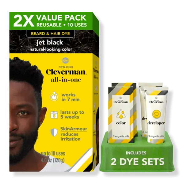CLEVERMAN 2x Pack Coarse & Coily Hair Reusable Beard & Hair Dye Kit - Jet Black