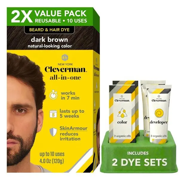 CLEVERMAN 2x Pack Reusable Beard & Hair Dye Kit - Dark Brown