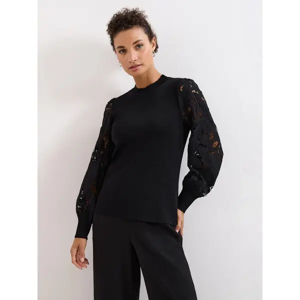 PHASE EIGHT Harriet Lace Sleeve Round Neck Jumper - Black