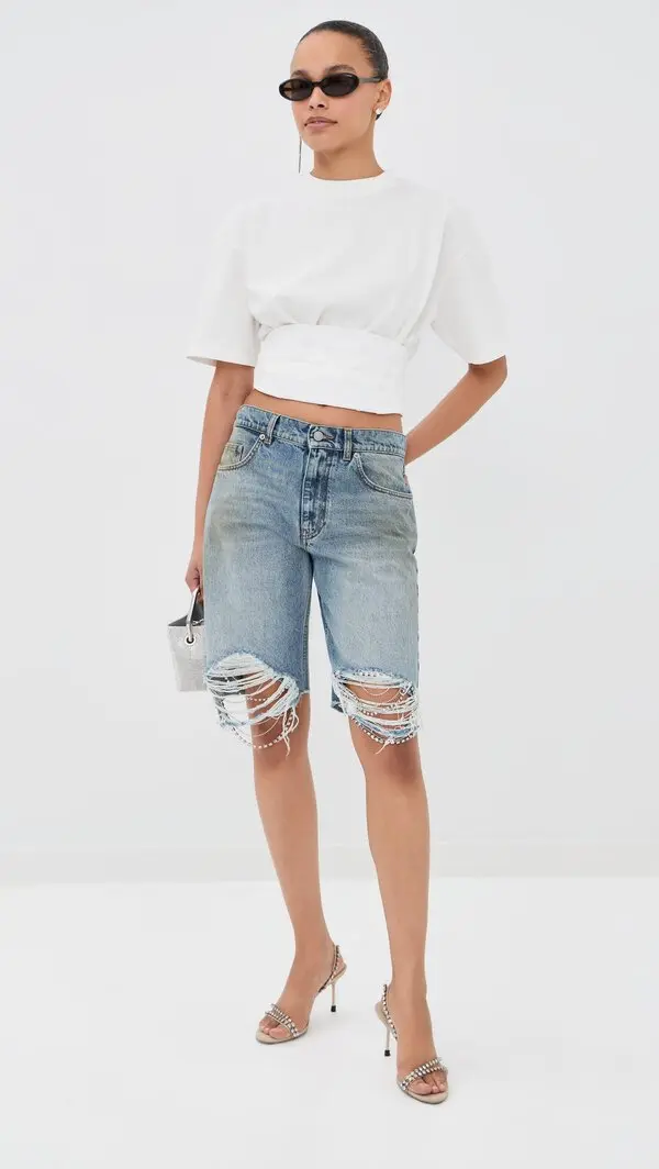 AREA Crystal Fray Denim Shorts