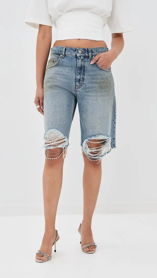 AREA Crystal Fray Denim Shorts
