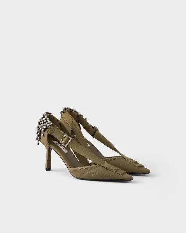 Prada Canvas Pumps With Crystals - Military Green
