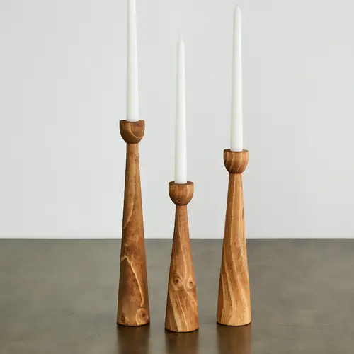 KANJU INTERIORS Tapered Candlestick Holder Pine Wood Espresso - Cognac