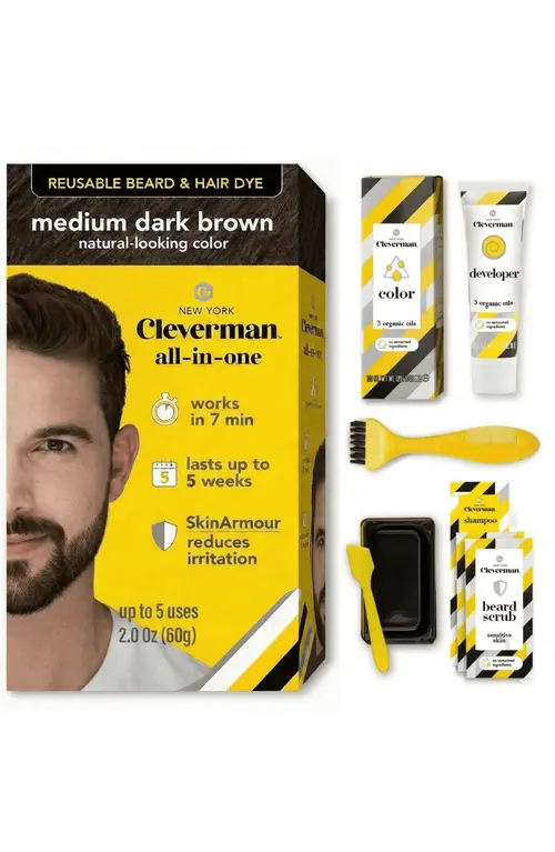 CLEVERMAN Reusable Beard & Hair Dye Kit - Medium Dark Brown