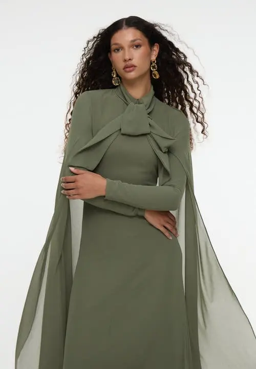 MARYISA Chiffon Maxi Dress With Cape And Bow