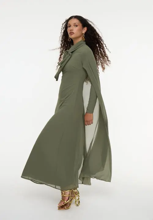 MARYISA Chiffon Maxi Dress With Cape And Bow
