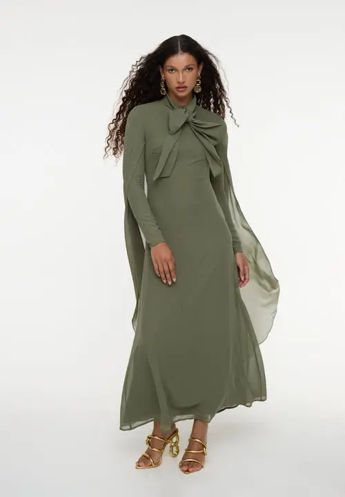 MARYISA Chiffon Maxi Dress With Cape And Bow