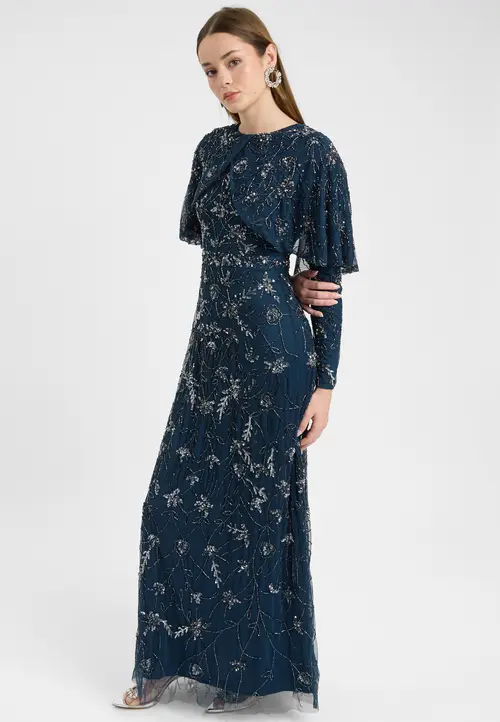 MARYISA Embellished Sequin Beaded Maxi Dress With Attached Cape - Navy