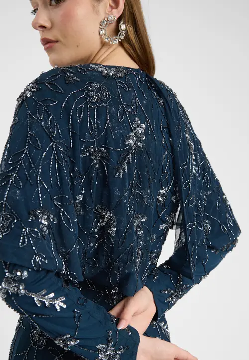 MARYISA Embellished Sequin Beaded Maxi Dress With Attached Cape - Navy