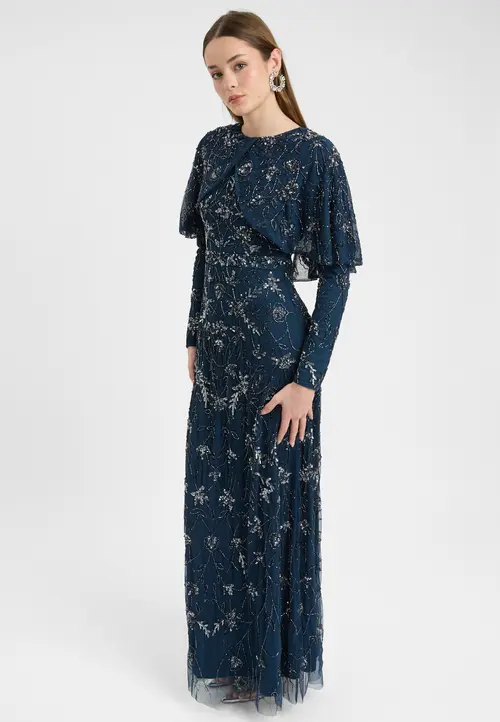MARYISA Embellished Sequin Beaded Maxi Dress With Attached Cape - Navy