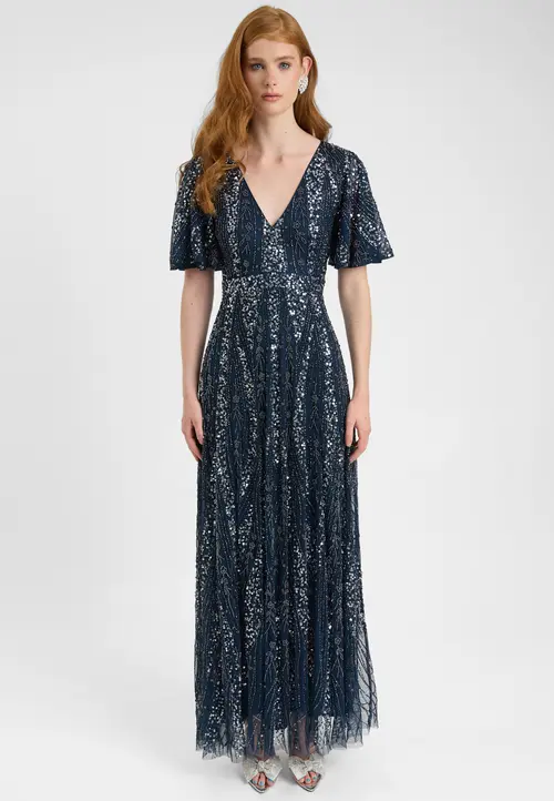 BEAUUT Embellished Sequin Beaded Maxi Dress With Flutter Sleeves