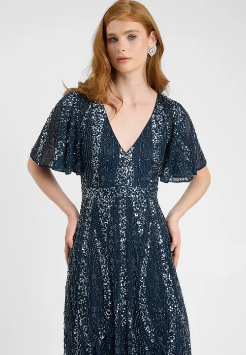 BEAUUT Embellished Sequin Beaded Maxi Dress With Flutter Sleeves
