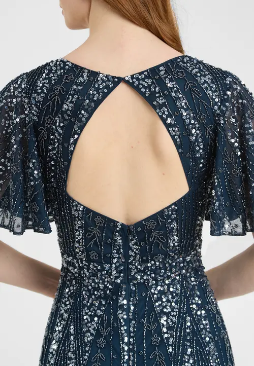 BEAUUT Embellished Sequin Beaded Maxi Dress With Flutter Sleeves