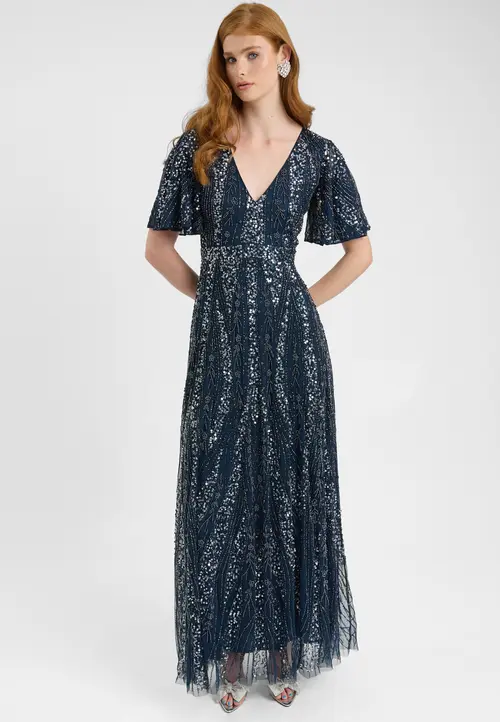 BEAUUT Embellished Sequin Beaded Maxi Dress With Flutter Sleeves