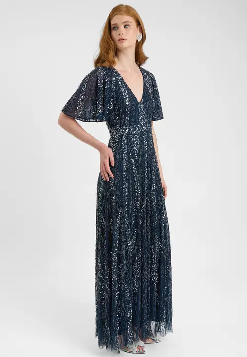 BEAUUT Embellished Sequin Beaded Maxi Dress With Flutter Sleeves