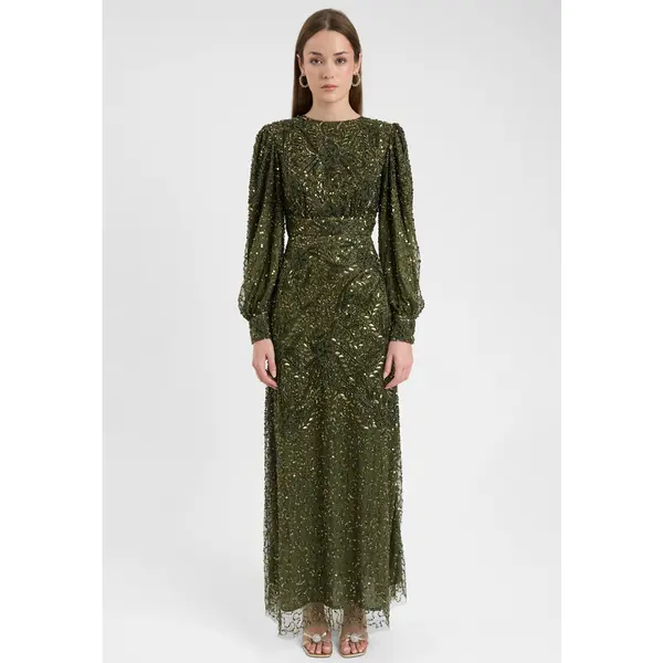 MARYISA Embellished Sequin Beaded Maxi Dress With Cuffs - Olive