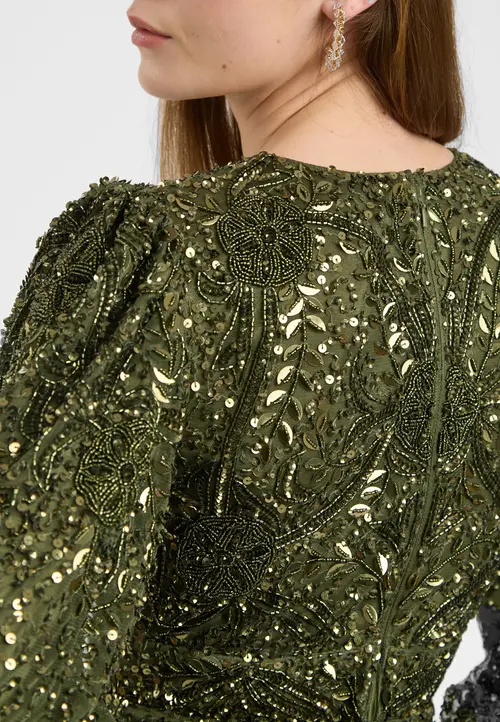 MARYISA Embellished Sequin Beaded Maxi Dress With Cuffs - Olive