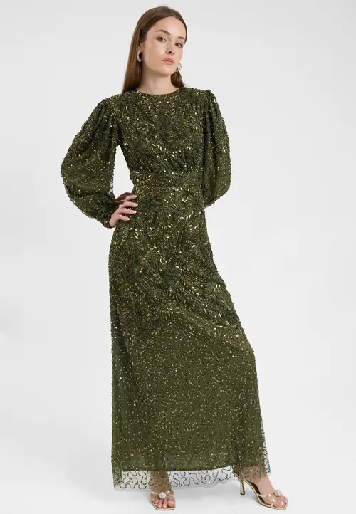 MARYISA Embellished Sequin Beaded Maxi Dress With Cuffs - Olive
