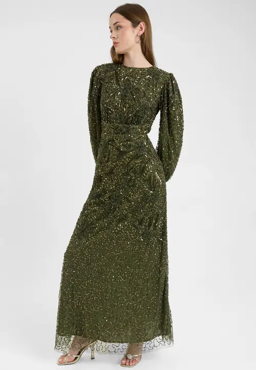 MARYISA Embellished Sequin Beaded Maxi Dress With Cuffs - Olive
