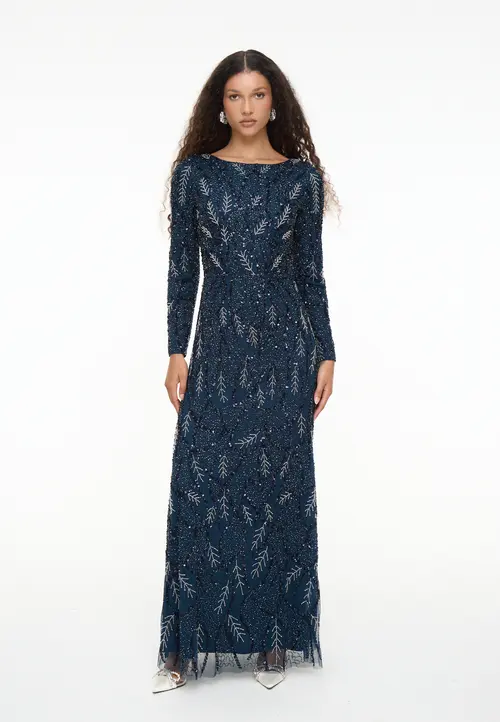 MARYISA Embellished Sequin Beaded Maxi Dress - Navy