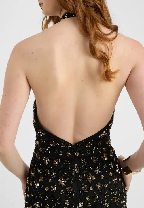 BEAUUT Embellished Sequin Beaded Maxi Gown With Halter Neck