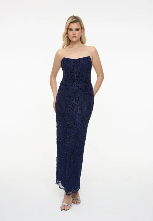 BEAUUT Embellished Sequin Beaded Strapless Maxi Dress