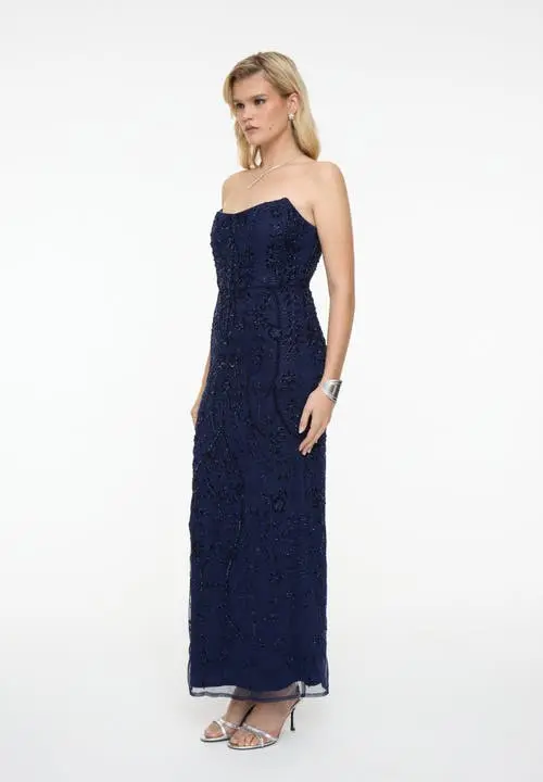BEAUUT Embellished Sequin Beaded Strapless Maxi Dress