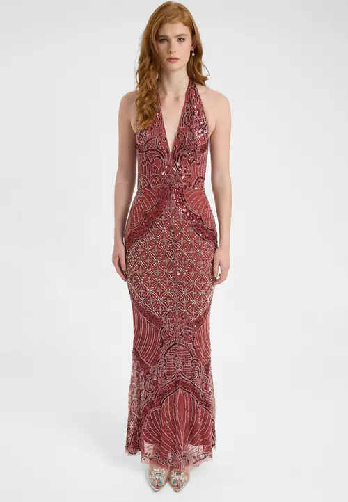 BEAUUT Embellished Sequin Beaded Maxi Gown - Rust