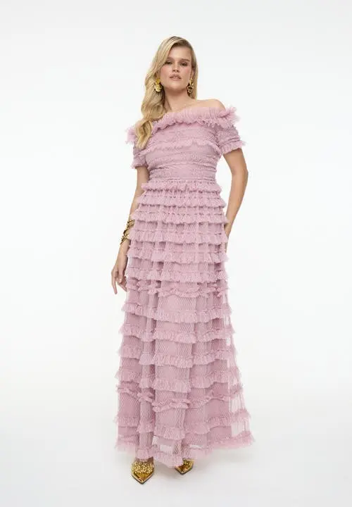 BEAUUT Off-shoulder Ruffle Mesh Maxi Dress